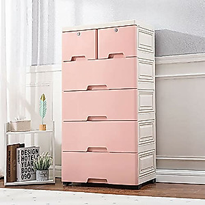 Plastic Storage Drawers, 5 Layers 6 Drawer Dresser Clothes Storage Plastic Closet Cabinet Organizer Container with 4 Wheel for Tower Home Office Bedroom Furniture (Pink)