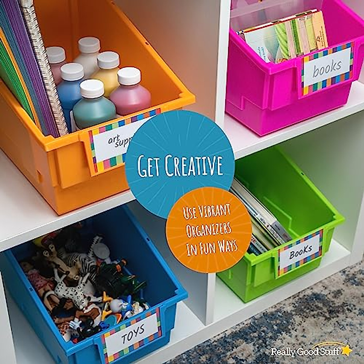 Really Good Stuff Chapter Book Library Bins with Dividers, 8¾" x 13½" x 7¾" - 4 Pack, Neon | Plastic Shelf Bin Organizer for Classroom Library, Book Organization, Documents, Files, Magazines
