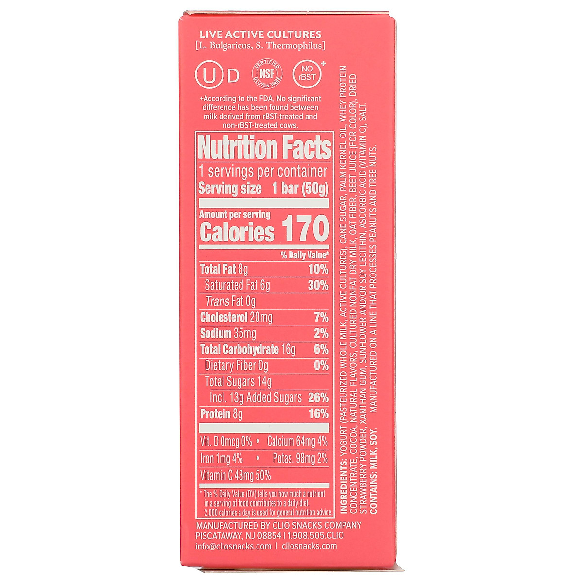 Clio Bar RFG Yogurt Greek Strawberry, 1.76 Oz