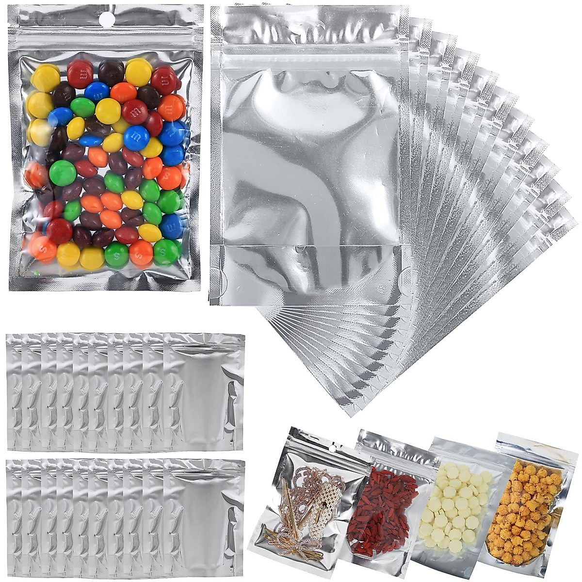 100-Pack Reclosable Large Mylar Bags for Food Storage 6.3" x 9.5" Stand Up Ziplock Pouch Bags Bulk Resealable Smell Proof Aluminum Silver Foil Bags with Clear Window Kitchen Storage Edible Packaging