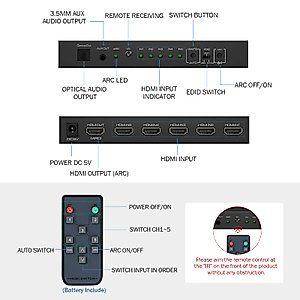 4K@60Hz HDMI Switch 5x1 with Audio Extractor, avedio links 5 Port HDMI Switcher with Optical SPDIF + 3.5mm Audio, 5 in 1 Out HDMI Audio Selector Switch Box with Remote Support HDR10 ARC 18Gbps HDCP2.2