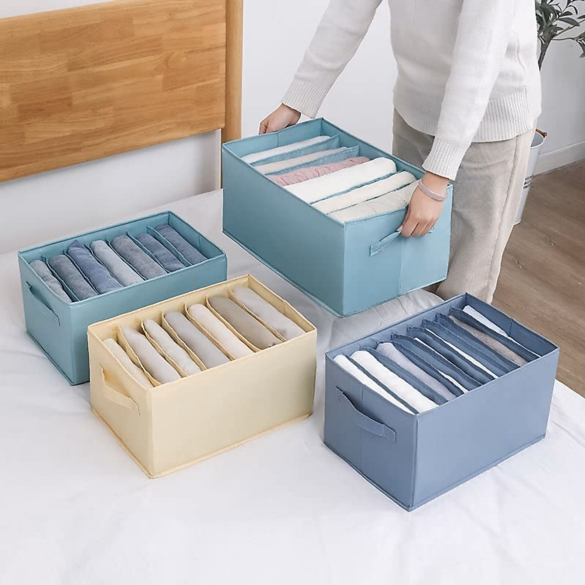 Clothing & Drawer Organizer Bins, Pack of 2 Premium Quality 9-Grid Fabric Storage Containers with Handles, Sea Green & Navy Sea Green Dark blue