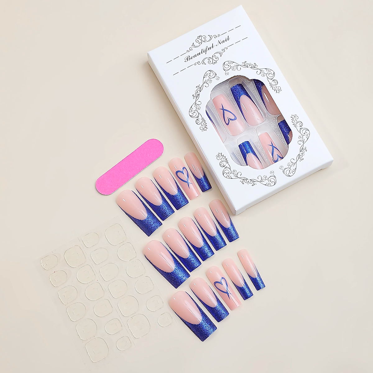 BABALAL Square Press on Nails Long Fake Nails Blue French Tip Glue on Nails Glitter Shiny Heart Design Acrylic Nails 24Pcs Squoval Manicure Artificial False Nails for Women and Girls