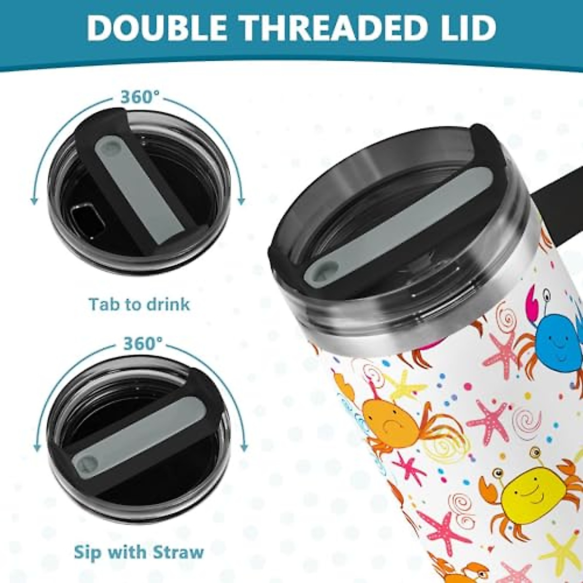 SDMKA 30oz Stainless Steel Tumbler with Straw and Handle, Vacuum Insulated Double-Walled Travel Mug, BPA-Free Leakproof Cup for Hot/Cold Beverages, Colorful Cartoon Crabs