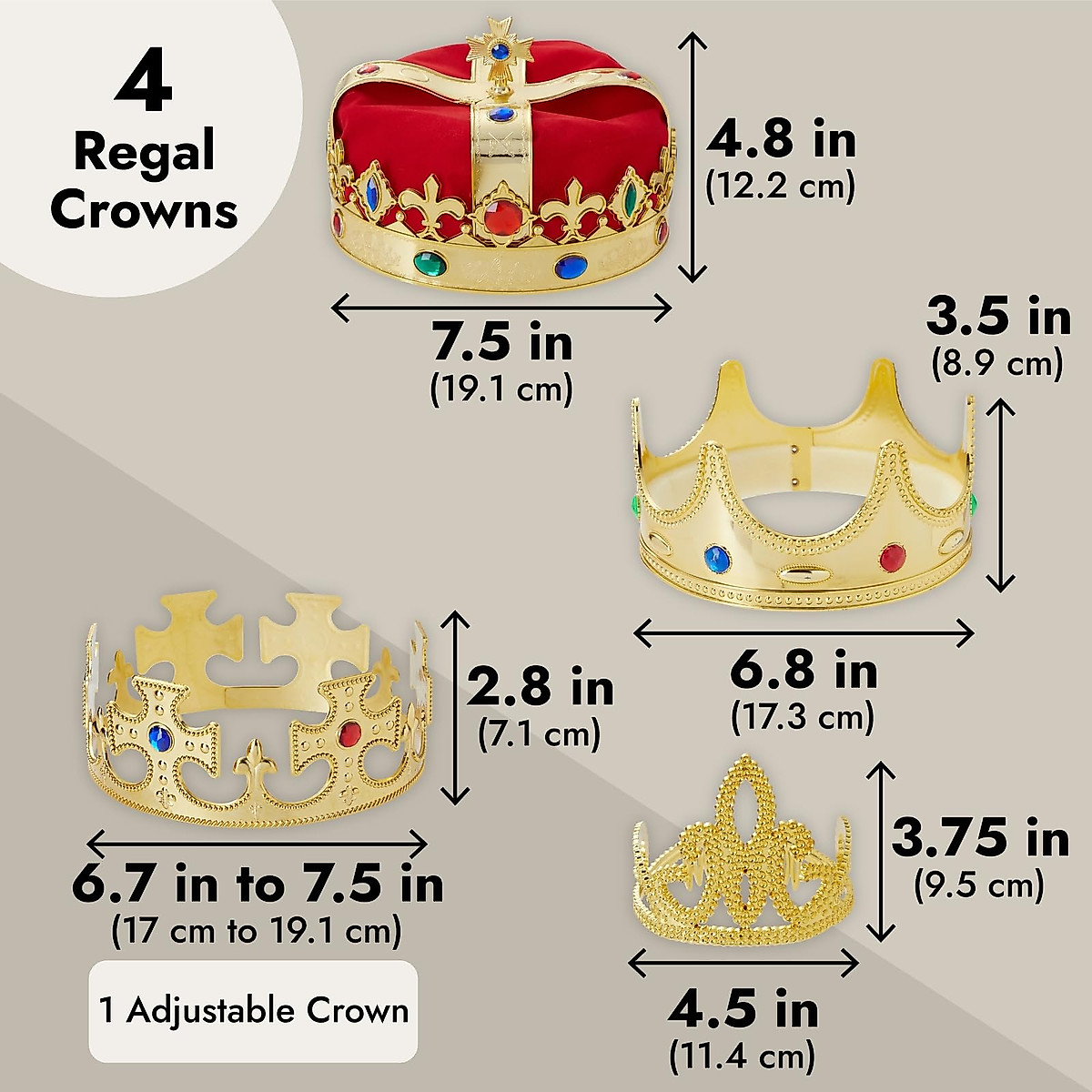 BLUE PANDA 4-Pieces King and Queen Crowns Set for Kids - Gold Crowns and Tiara for Royal Theme Birthday Party Costume Accessories and Photo Booth Props