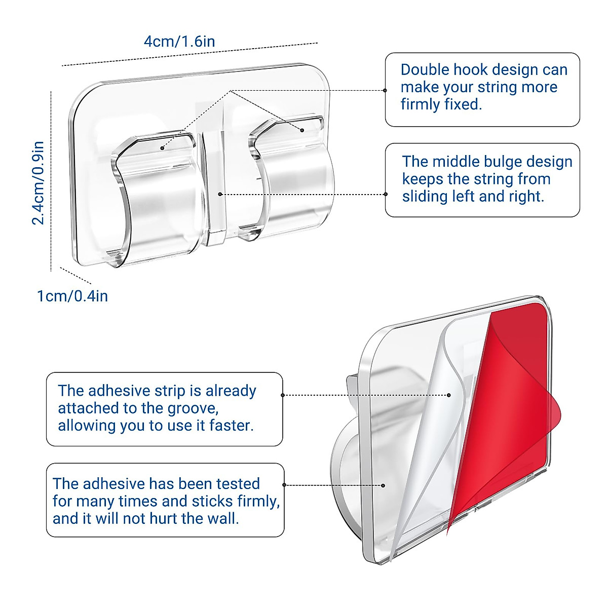Hooks for Outdoor String Lights Clips, 20Pcs Heavy Duty Cable Clips with Waterproof Adhesive Strips for Hanging Christmas Light - Outside UV-Resistant Clear Sticky Cord Holders Rope Organizer