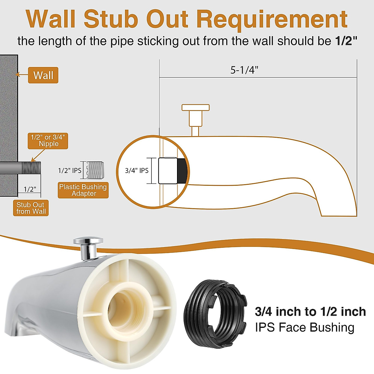 Enhon Tub Spout with Rear Diverter, Bathtub Spout Fitting 1/2-Inch or 3/4-Inch IPS, 5-1/4 Inch Length Bathroom Bathtub Faucet with Adapter, Chrome Finish