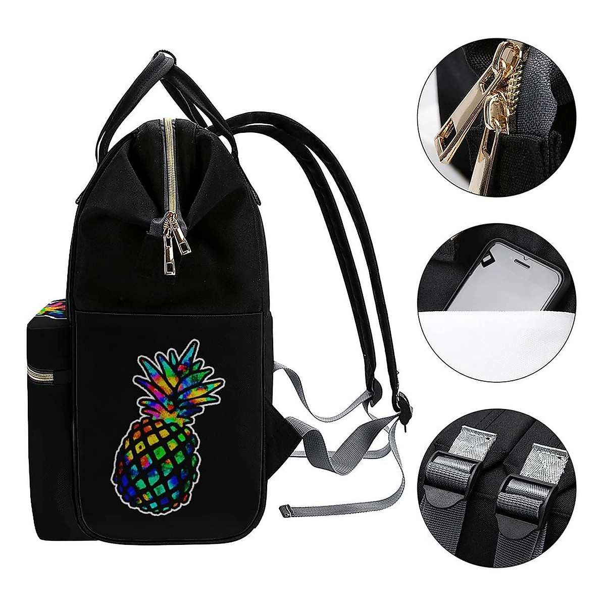 Colorful Pineapple Diaper Bag Backpack Large Capacity Mommy Bags Multifunction Nappy Bag Travel Back Pack Black-Style