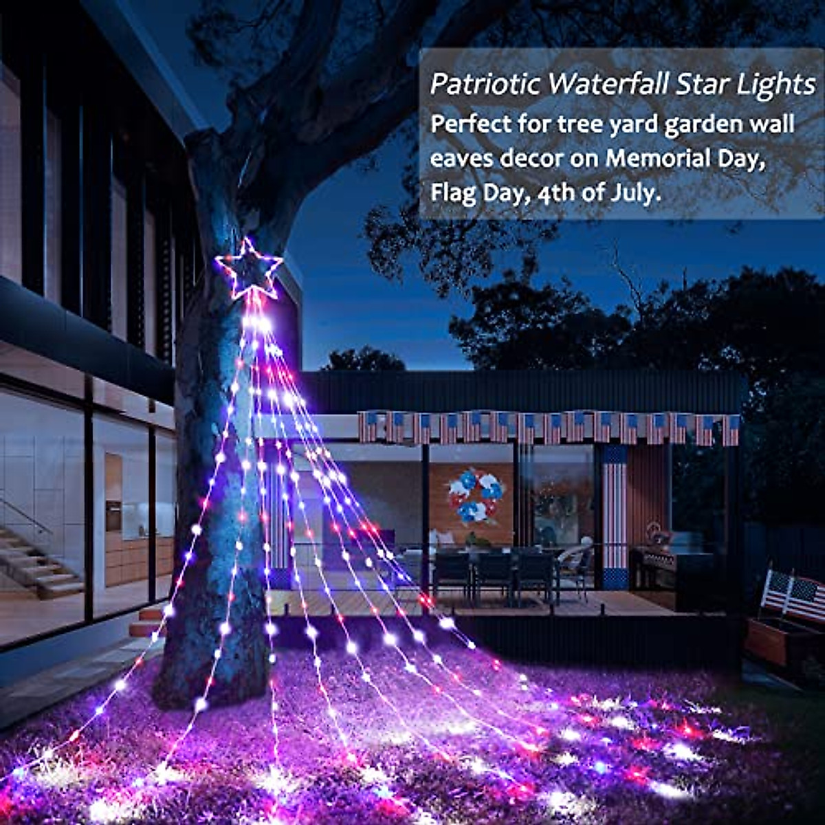 FunNite 4th of July Outdoor Star String Lights, 13ft 240 LED Red White and Blue Curtain Lights Patriotic Fairy Lights Waterproof for Independence Day Tree Yard Garden Wall Party Holiday Decor