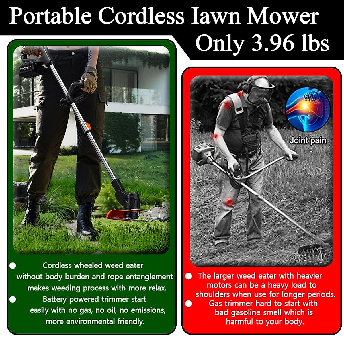 Weed Wacker Battery Weed Eater Cordless Grass Trimmer ElectricWeed Wacker Household Cordless Weeder Portable Garden Pruning Tool Head can be Rotated 90° Weed Eater (Black)