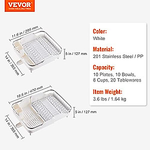 VEVOR Dish Drying Rack, Expandable (11.6"-18.5") Stainless Steel Dish Drainer with Drainboard, Large Capacity Storage Space Saver, Single Tier Cup and Utensil Holder for Kitchen Counter Over The Sink
