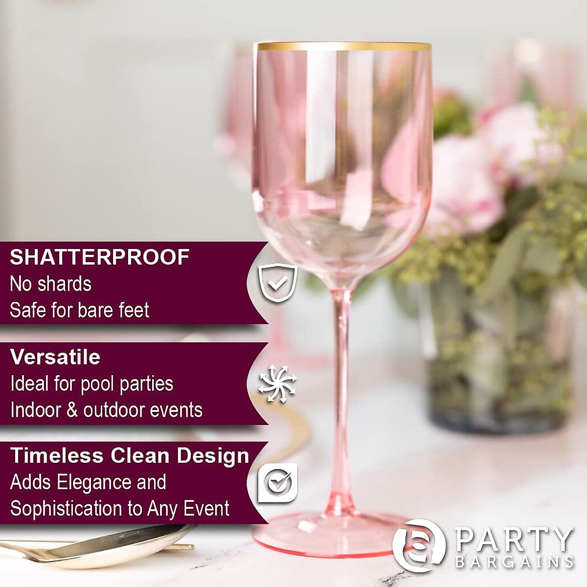 PARTY BARGAINS 5 Wine Goblets - Pink Gold Rim (12oz) - Disposable Shatterproof Elegant Design Plastic Wine Glasses with Stem - For Pool Parties, Outdoors Receptions, Weddings