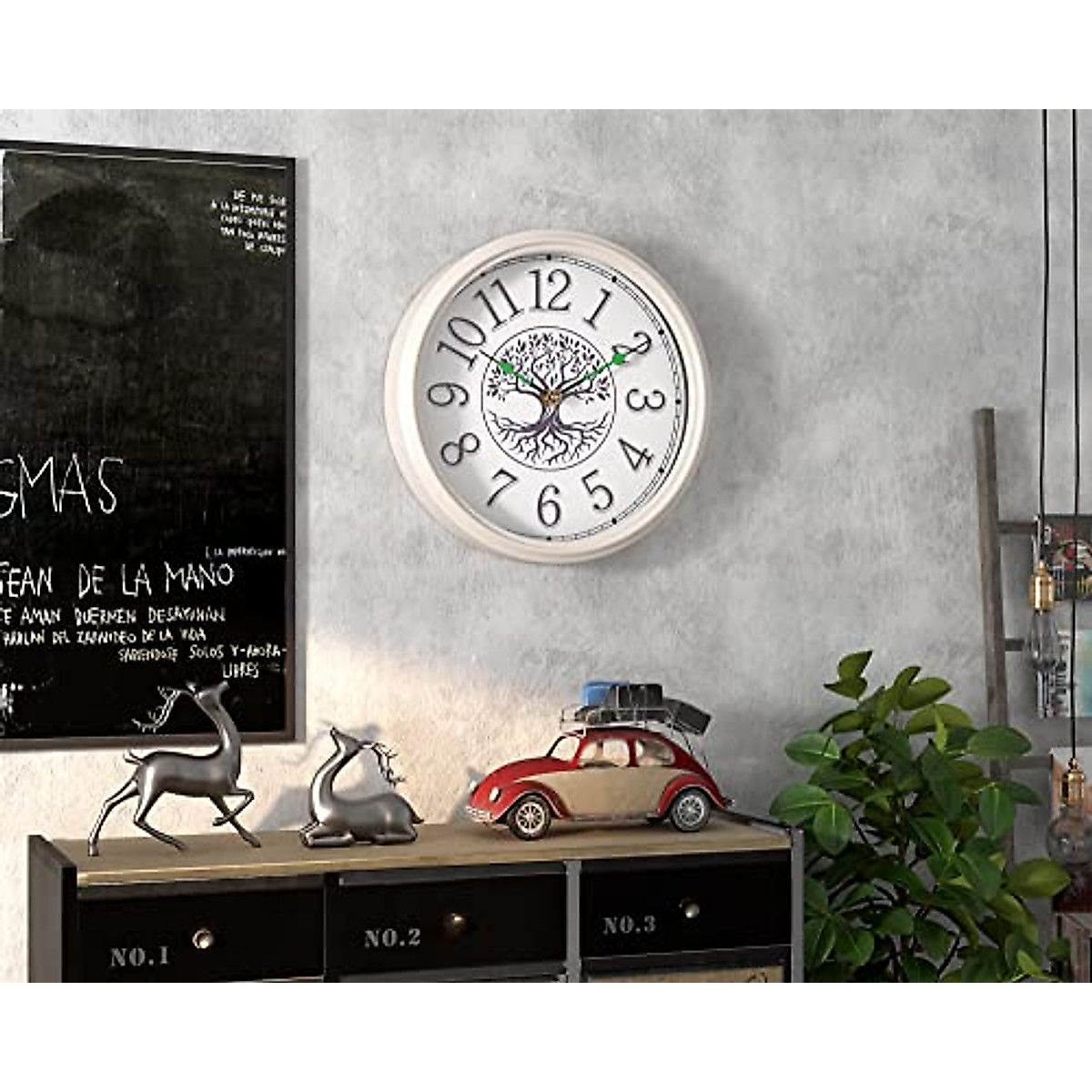 Abdurey Night Light Wall Clock, 12" White Retro-Vintage Style, Silent Battery Operated, Sound Control Sensor Lighted Wall Clocks, for Bedroom, Living Room, Farmhouse (Tree of Life Warm Light)