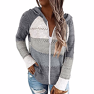 Acelitt Womens Casual Lightweight Long Sleeve Zip up Zipper Striped Knit Sweaters Hoodies Sweatshirts Pullover Jackets Large Gray2