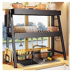 LONONE Black Stainless Steel Dish Drying Rack Over Sink Dish Drainer Drying Rack Kitchen Aid Dish Drying Rack with Drainboard,65cm/25.59in