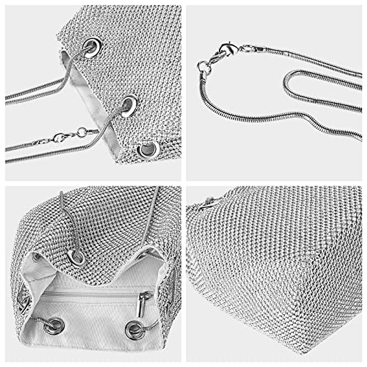 Linkidea Rhinestone Bucket Bag for Women, Evening Lady Purse, Party Prom Wedding Crossbody Shoulder Handbag (Silver)