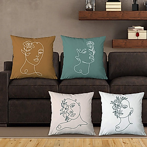 Toobaso Abstract Face Throw Pillow Covers Set of 4,Garden Bench Outdoor Pillow Covers 18x18,Modern Minimalist Line Art Women Home Decor Zippered Pillow Cases for Living Room Office Sofa