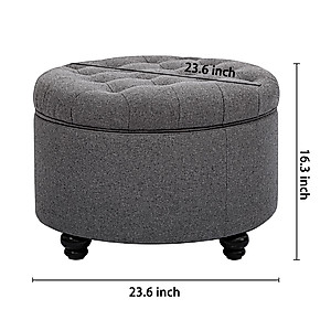 CangLong Large Button Tufted Fabric Round Storage Ottoman with Storage for Living Room & Bedroom,Dark Grey