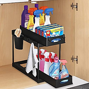 GzfunTeng Under Kitchen Sink Organizer and Storage, 2 Tier Sliding Bathroom Organizer, Pull Out Cabinet Organizer with 4 Hooks, 1 Hanging Cups, Finishing Storage Rack