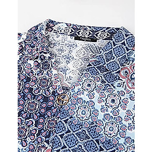 VALOLIA Women's 3/4 Sleeve Tunic Tops to wear with Leggings, Ladies Dress Shirts and Blouses for Work Long Sleeve Red Office Blouses Print V Neck Business Casual Flowy Fall Dressy Silk Elegant Blue