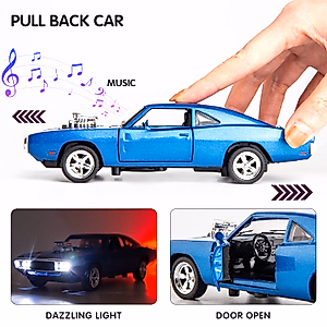 BDTCTK Compatible for 1:32 Dodge Charger Model Car, Zinc Alloy Pull Back Toy Car with Sound and Light for Kids Boy Girl Blue
