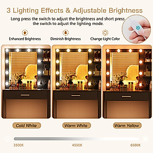 usikey Makeup Vanity with Lights, Vanity Desk with Mirror and 10 LED Lights, Vanity Table Set with 4 Drawers, Cabinet & 4 Necklace Hooks, Dressing Table for Bedroom, Black