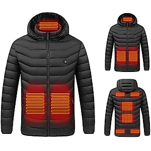 COMIOR Electric Heated Jacket, Men Women Heated Hoodie Coat, USB Rechargeable Electric Heating Jacket with 9 Heating Zones Body Warmer Coat Hooded Down Jacket for Winter Outdoor Working Sports