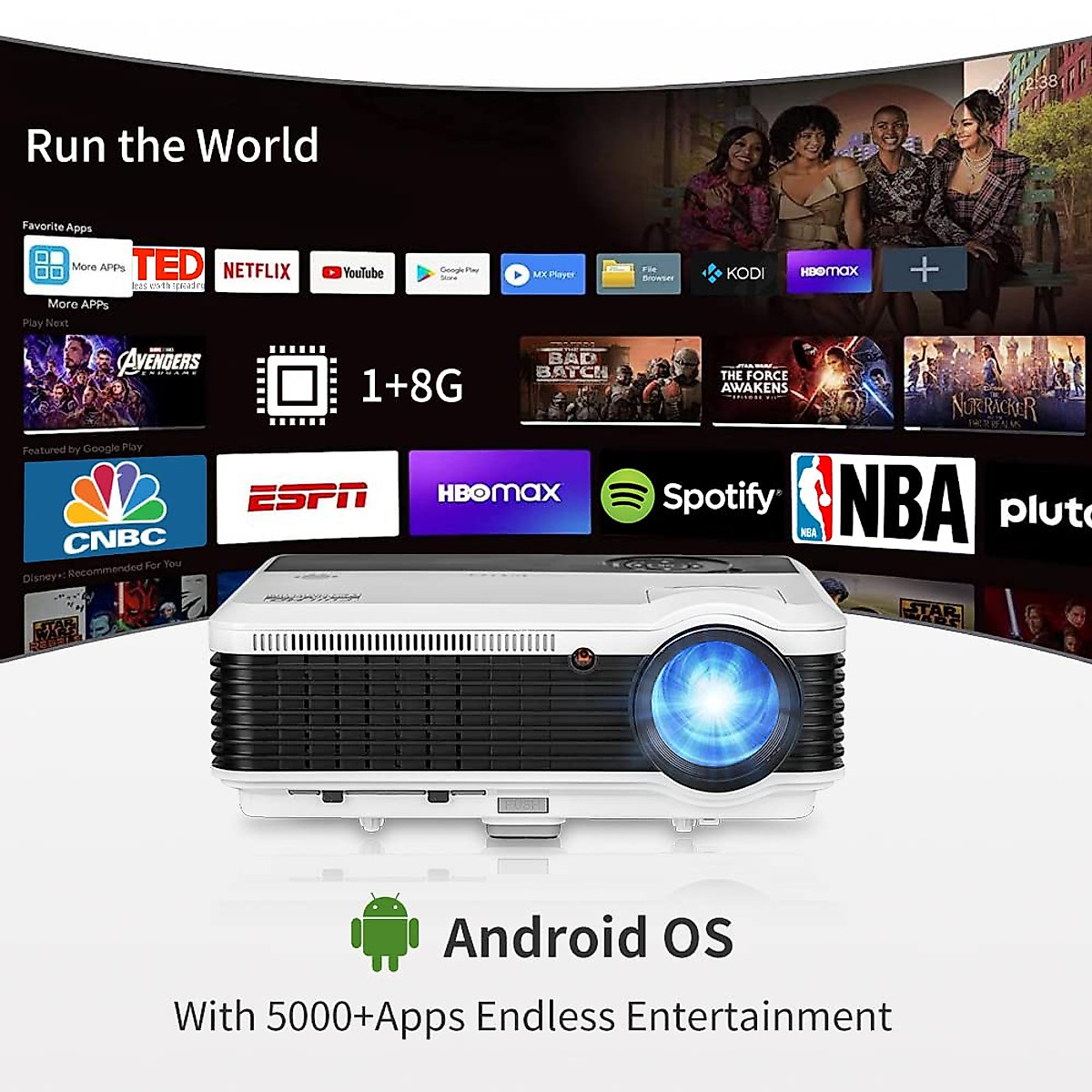 Smart Projector with WiFi & Bluetooth, 200" Indoor Outdoor Movie Projector with Wireless Phone Mirroring & HiFi Speaker, 8000LM Full HD 1080P Home Theater Projector for TV Stick Laptop DVD HDMI USB AV