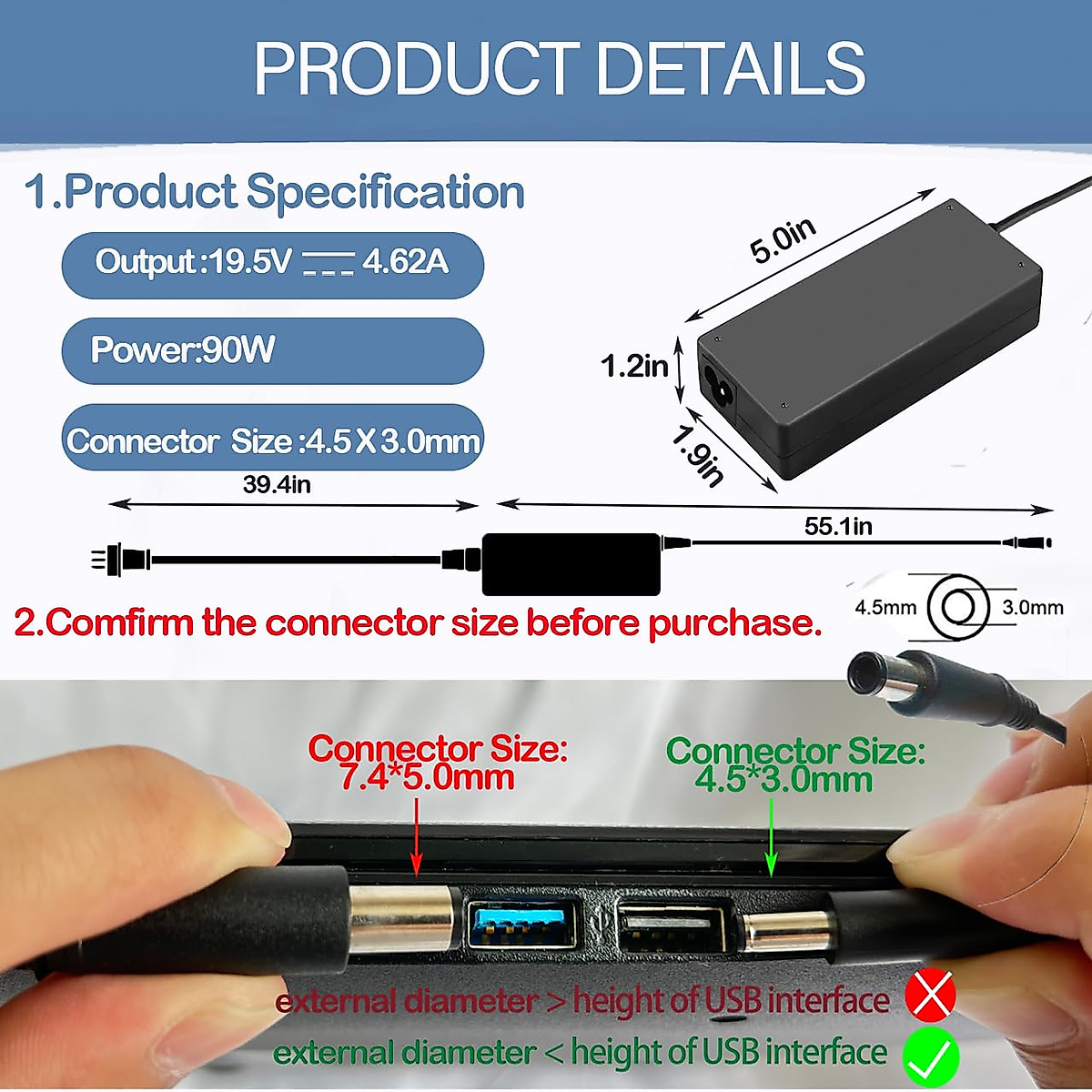90W AC Adapter for Dell OptiPlex Micro 3050 3080 7050 7060 9020 Desktop 11 15 3000 5000 7000 Series Laptop Charger 3501 3505 5555 Latitude 13 3310 3420 Replacement Power Supply Cord 0G6j41