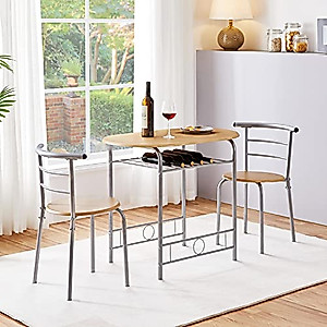 Yaheetech 3 Piece Round Dining Table Set Kitchen Breakfast Table Set for 2 Dining Table with 2 Chairs Space Saving Table Set w/Metal Frame, Wine Rack for Small Space/Dining Room/Apartment, Natural