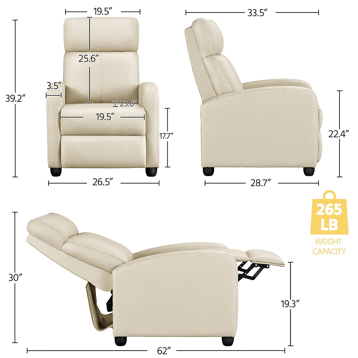 Yaheetech Recliner Chair PU Leather Recliner Sofa Home Theater Seating Adjustable Modern Single Reclining Chair Sofa with Pocket Spring Living Room Bedroom Beige