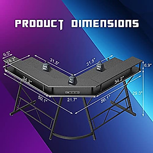 FEMOND L Shaped Gaming Desk with Led Lights & Power Outlet, Computer Corner Desk with Carbon Fiber Surface, Ergonomic Gamer Table with Cup Holder & Headphone Hook, Large Monitor Stand, Black, 50''