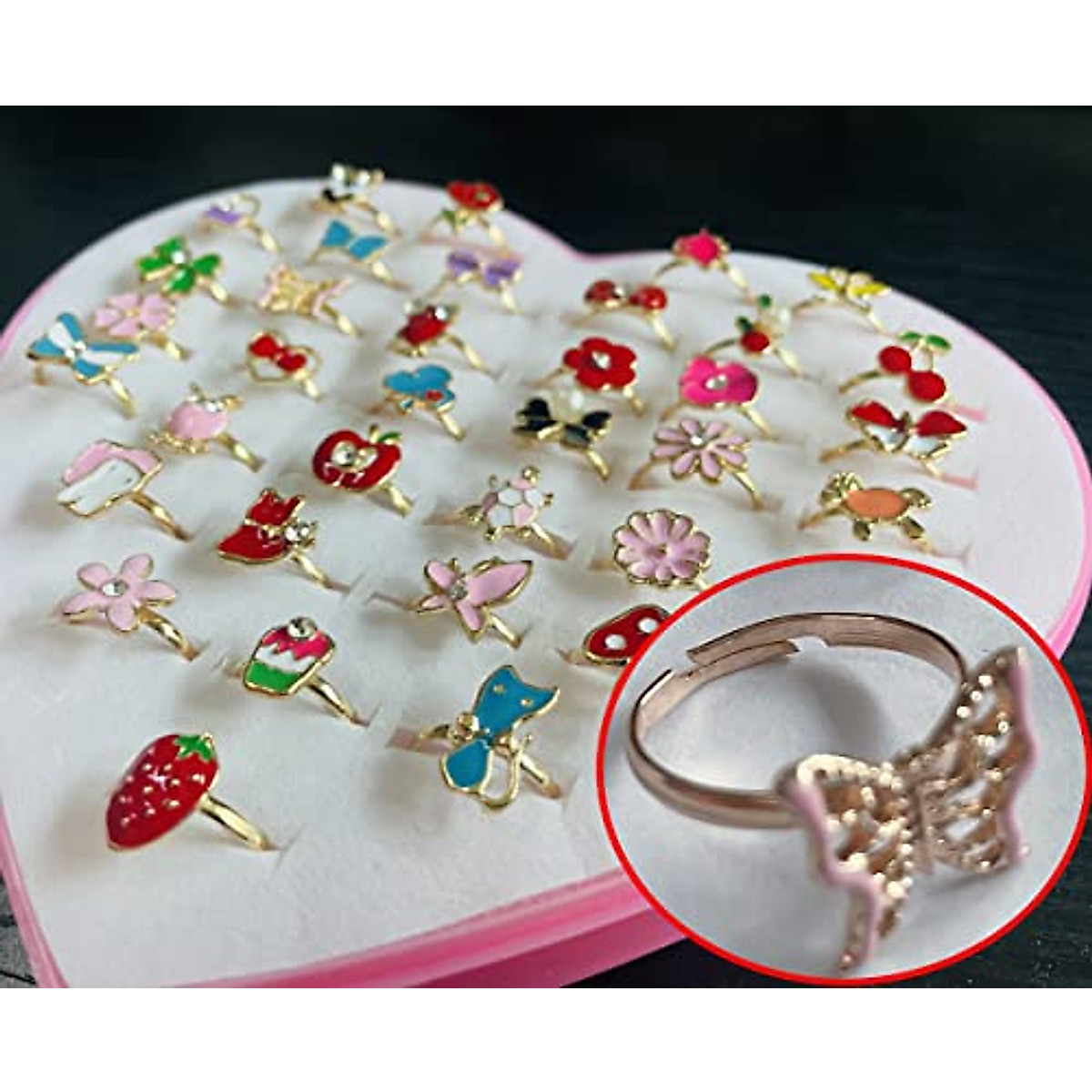 monochef 36pcs Little Girl Jewel Rings in Box Adjustable No Duplication Children Girls Kids Pretend Play Costume Princess Dress Up Jewelry Rings Party Favors Toys Gifts for Girls