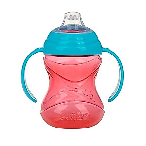 Nuby 3 Piece No-Spill Grip N’ Sip Cup with Silicone Soft Flex Spout, 2 Handle with Clik It Lock Feature, Boy, 10 Ounce