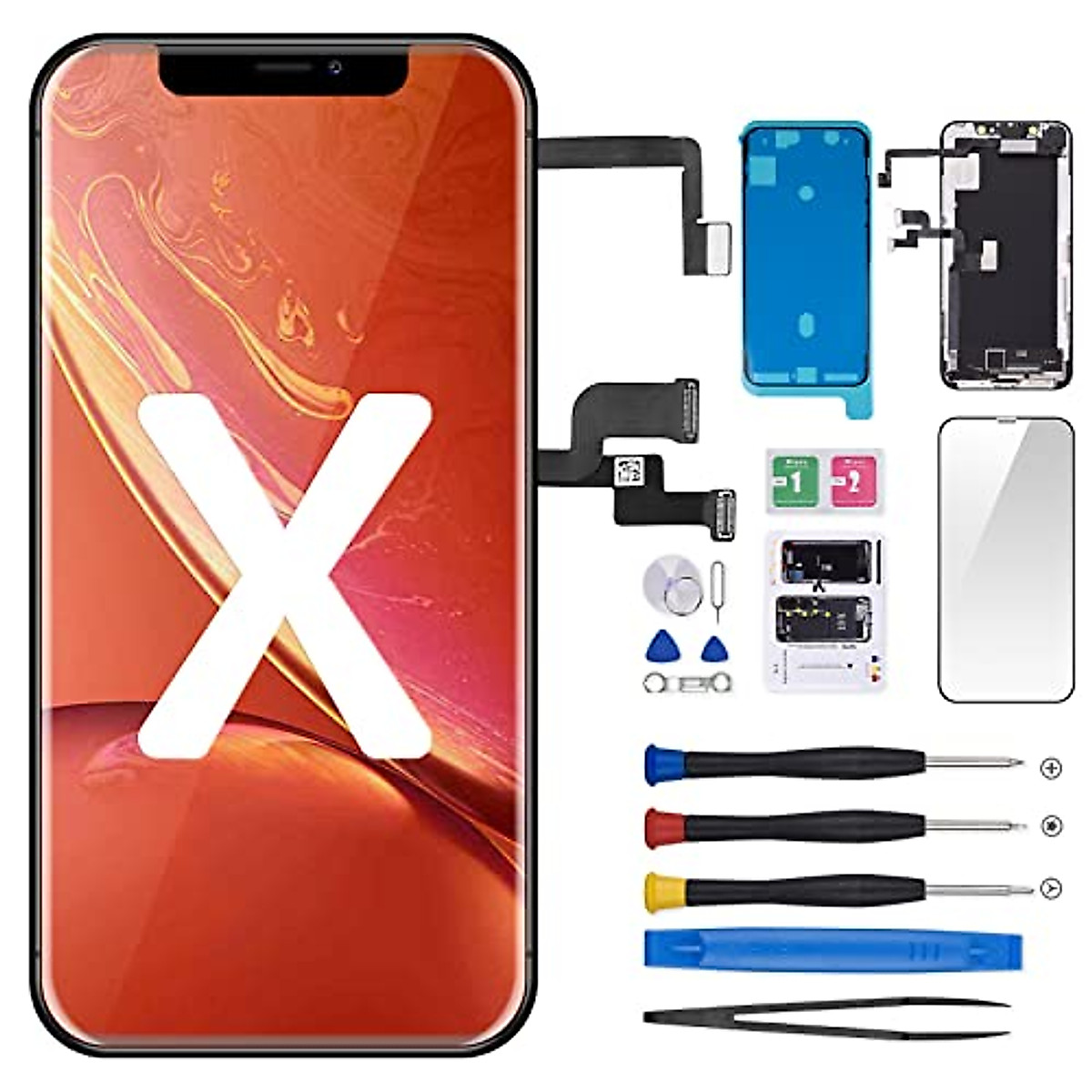 for iPhone X 10 Screen Replacement 5.8" with Ear Speaker and Proximity Sensor, LCD Display Digitizer 3D Touch Full Assembly with Front Earpiece Repair Kit HD Glass, Fix Tools for A1865, A1901, A1902