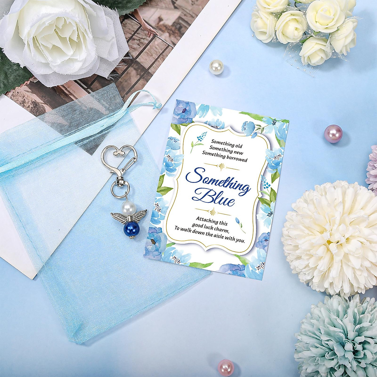 HOWAF Something Blue for Bride to Be on Wedding Gifts for Daughter - 1pcs Wedding Day Card 1pcs Angel Bouquet Garter Clip 1pcs Blue Organza Bag from Mom Dad Grandma Sister Friends