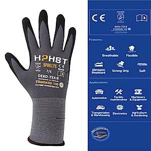 HPHST Nitrile Work Gloves SF001TS,Micro Foam Technology & Spandex Liner Nitrile Coated,CE Approved 15 Gauge Ergonomic Design,Smart Touch,Thin Machine Washable,Grey Small 12 Pairs Pack