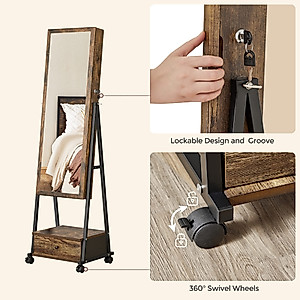 SONGMICS Jewelry Cabinet Floor Standing, Lockable Jewelry Organizer with High Full-Length Mirror, Bottom Drawer, Shelf, Wheels, Jewelry Armoire, Gift Idea, Rustic Brown and Black UJJC004X01