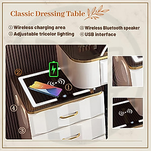 REDVOIU Vanity Set-Smart Vanity Desk with Bluetooth Speaker and Wireless Charging Station ，Mirror with Led Lights，5 Solid Wood Drawers，Include Vanity Chair (Petal Chair, White100CM/39.4IN)