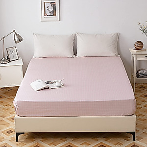 LifeTB Cotton Plaid Fitted Sheet Queen Pink Grid Bedding Sheet Full Kids Girls Fitted Sheet Deep Pocket Bedding Bottom Sheet Cotton Plaid Mattress Cover for Teens Adults Queen Bedding Sheet