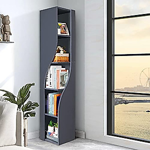 AOTIFARM Wall Corner Bookcase Tall Bookshelf Storage Organizer 5 Tiers Corner Shelf Stand Wood Display Storage Rack Home Furniture Natural Wood Ladder Shelf