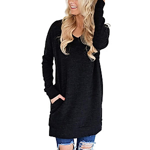LERUCCI Womens Casual Long Sleeves Solid V-Neck Tunics Tops with Pockets Black X-Large