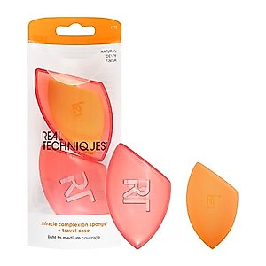 Real Techniques Miracle Complexion Sponge + Travel Case, Makeup Blending Sponge, For Foundation, Sponge Case for Travel, Light To Medium Coverage, Natural, Dewy Makeup, Latex-Free Foam, 2 Piece Set