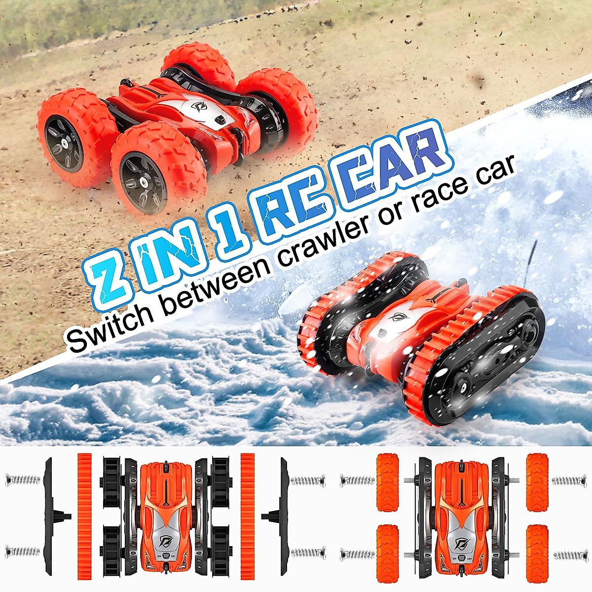 Makerfire Stunt Remote Control Car,2-in-1 Rc Cars 2.4GHz Double-Sided Driving 360° Flips Rotating with Headlights RC Crawler,4WD Car Toy Gift for Kids, Suitable for Playing on Grass,Sand,Snow-Orange