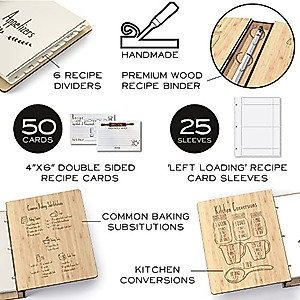 Bamboo Recipe Book Binder (3 Ring) - Includes 25 Plastic (8.5" x 11") Left Loading Sleeves (Holds 50 Recipe Cards) - 50 (4"x6") Double Sided Recipe Cards - 6 Index/Recipe Dividers