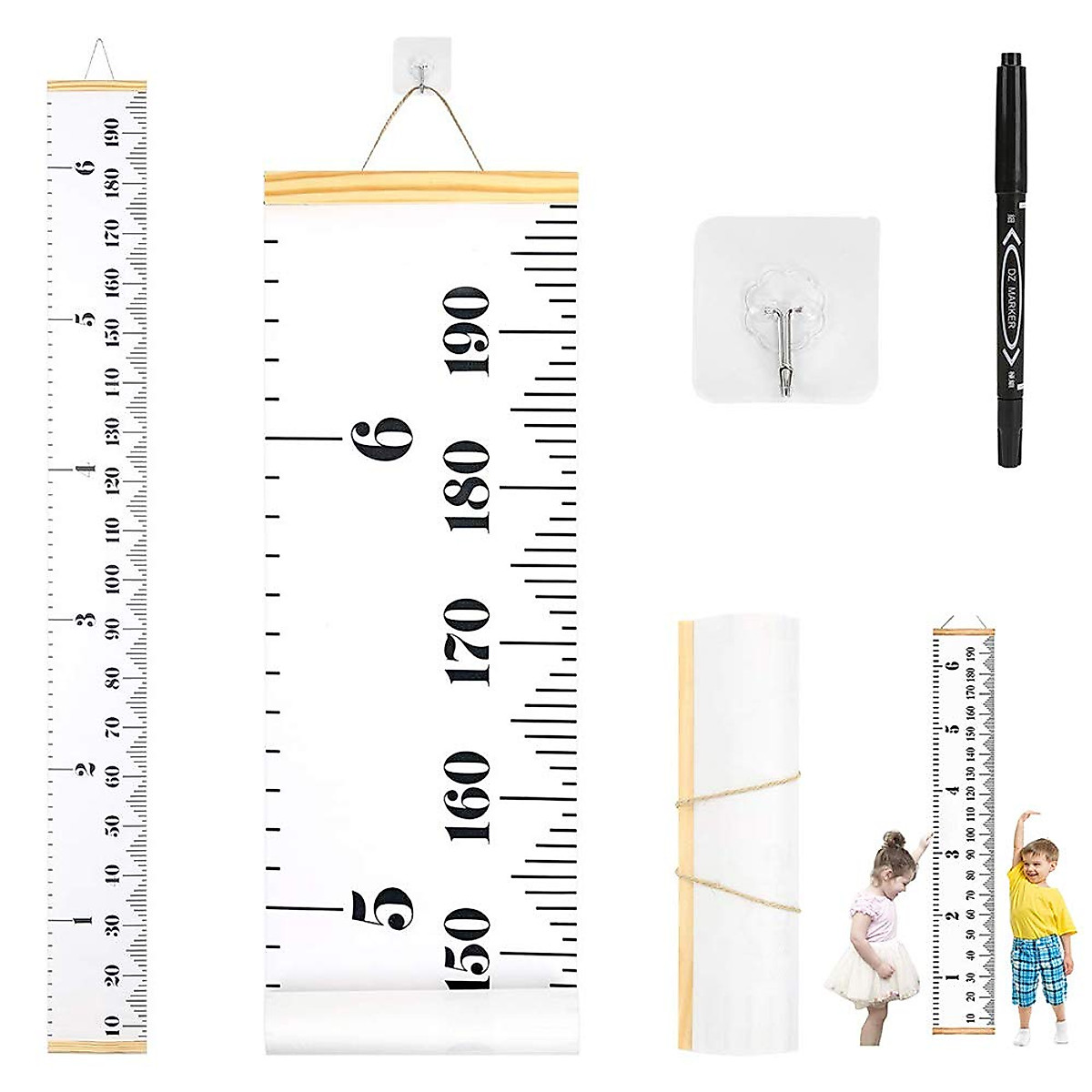 Growth Chart Wall Hanging, Portable Kids Wall Ruler Removable Height Measure Chart for Boys Girls Growth Ruler from Baby to Adult for Child's Room Decoration 79''7.9''