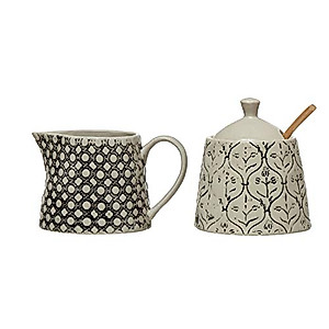 Creative Co-Op 6 oz. Hand-Stamped Stoneware Creamer Sugar Jar with Spoon Sugar & Creamer, 8.25", Black & Cream