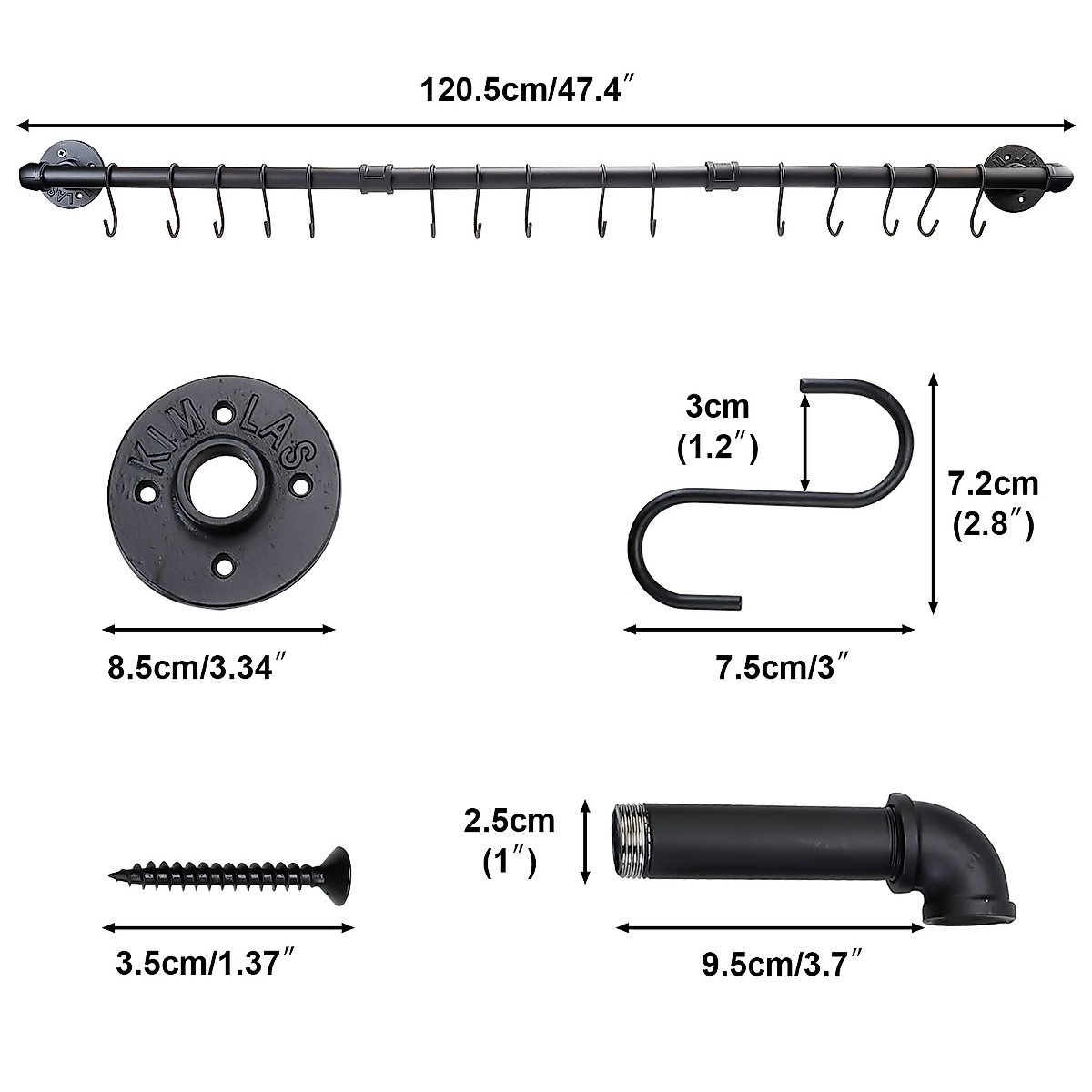 Tysun 47.4 Inch Industrial Pipe Pan Pot Rack Wall Mounted Iron Pipe Kitchen Hanging Rail Kitchen Utensil Cookware Holder Storage Organizer with 15 S Hooks