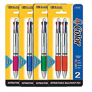 BAZIC Silver Top 4-Color Pen with Cushion Grip, 2 Pens Per Pack (Assorted Colors)