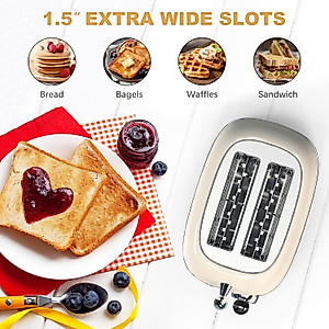 Toaster 2 Slice,1.5"Extra Wide Slots Toaster,Retro Stainless Steel with Bagel, Cancel, Defrost, Reheat Function and 6-Shade Settings, Removal Crumb Tray (Cream)